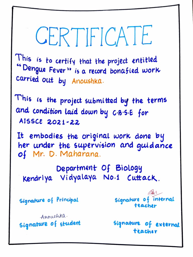 Certificate for Dengue Fever Project | PDF | Diseases And Disorders ...