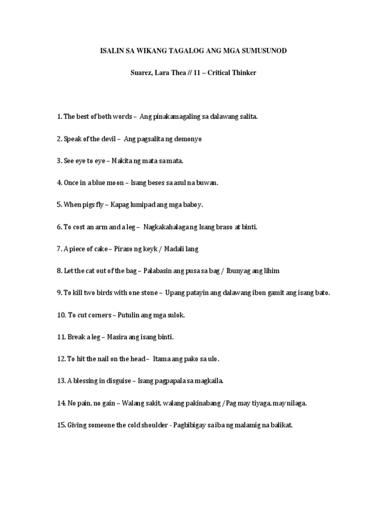 Idioms Tagalog Translation | PDF