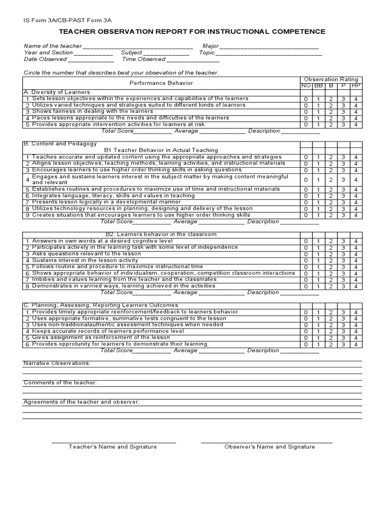 Teacher Observation Report: Analysis of Classroom Instruction, Student ...