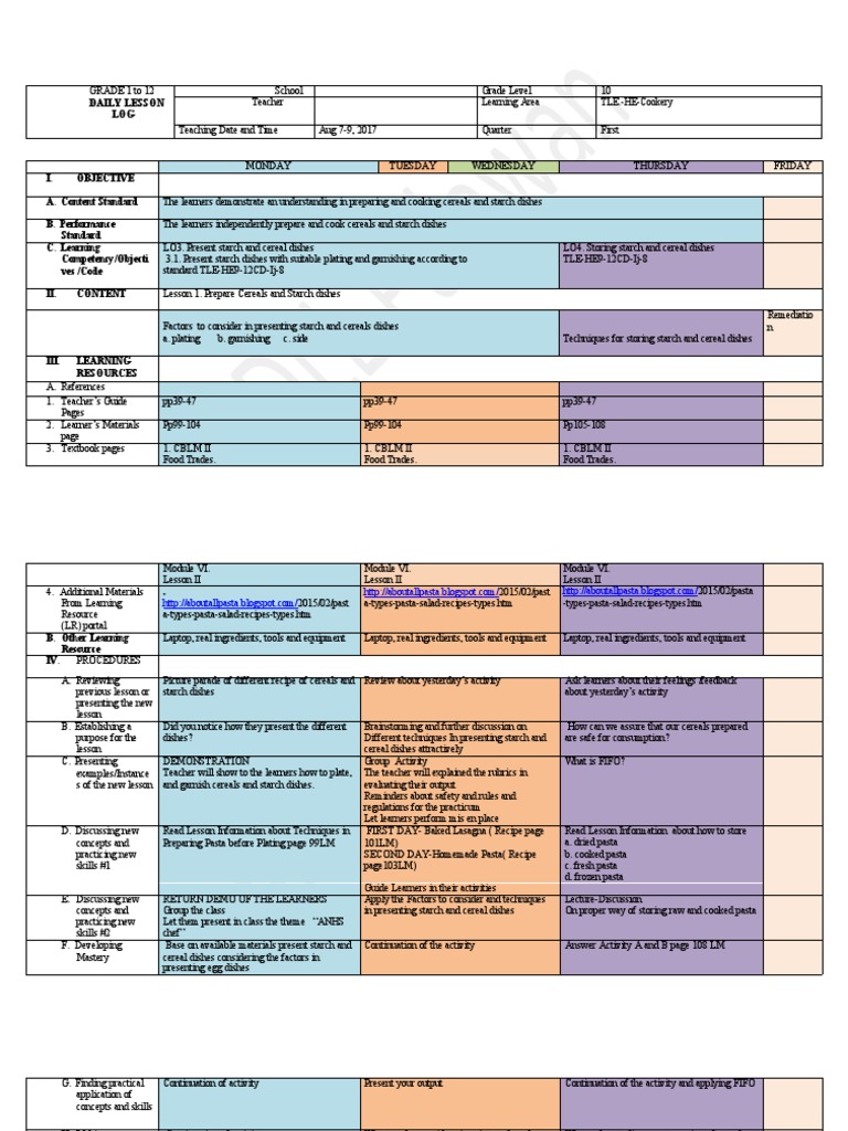 DLL Tle Cookery Grade10 Quarter1 Week10 | PDF | Pasta | Learning