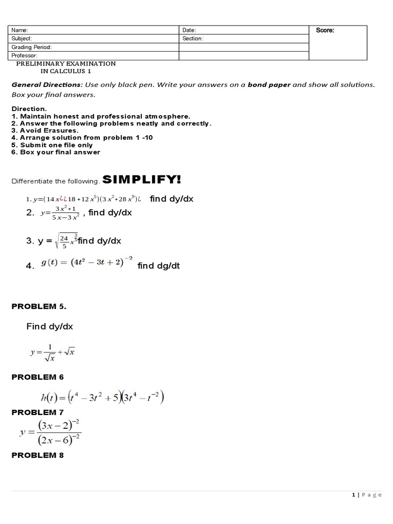 Differential Calculus-PRELIM Exam | PDF