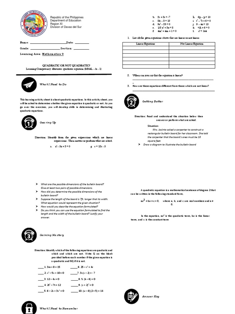 Mathematics9 - Q1 - Module1a - Quadratic or Not Quadratic | PDF ...