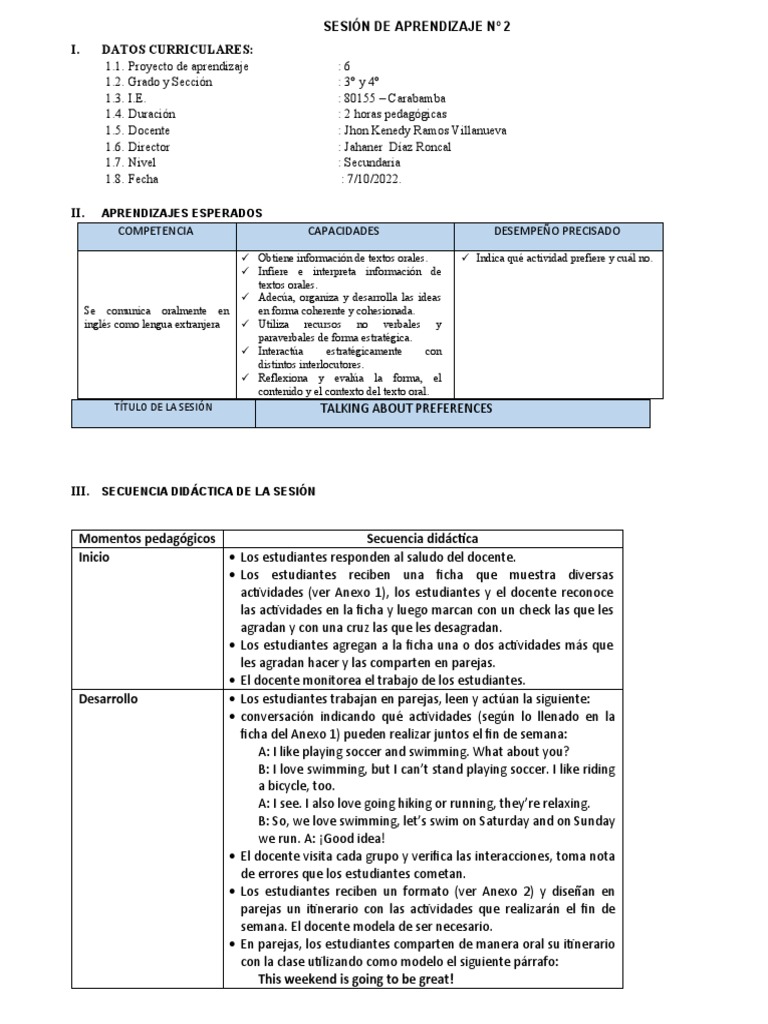 SESIÓN DE APRENDIZAJE #2 - INGLES 6 Unidad | PDF | Aprendizaje | Cognición