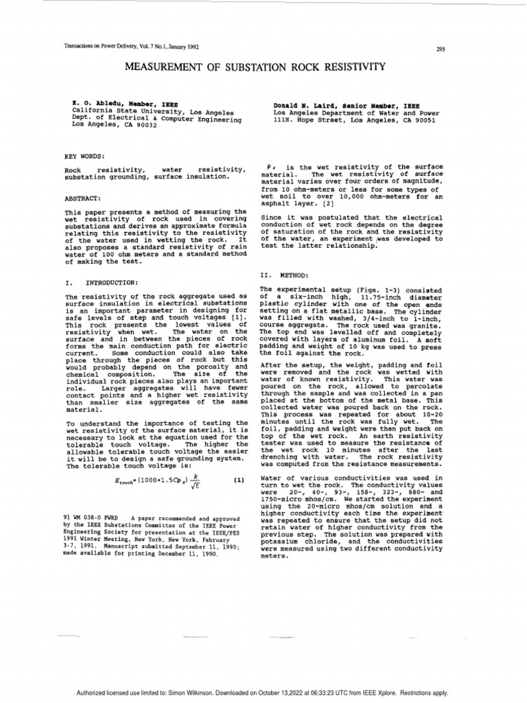 Measurement of Substation Rock Resistivity | PDF | Electrical ...