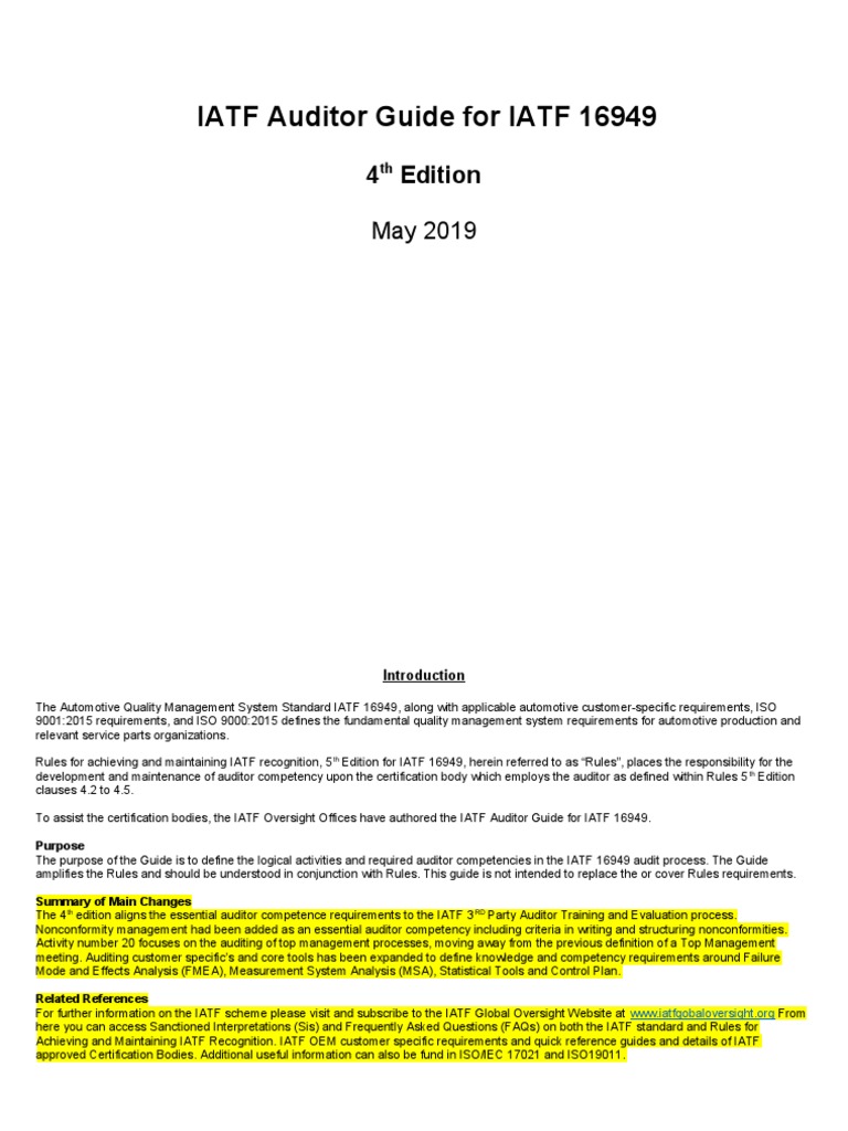 IATF Auditor Guide For IATF 16949 4th Ed May 2019 | PDF | Audit ...