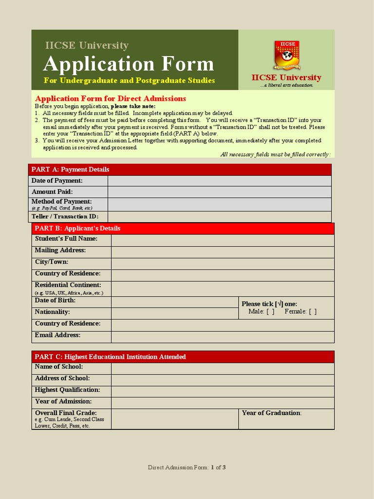 IICSE University Application Form | PDF | University And College ...