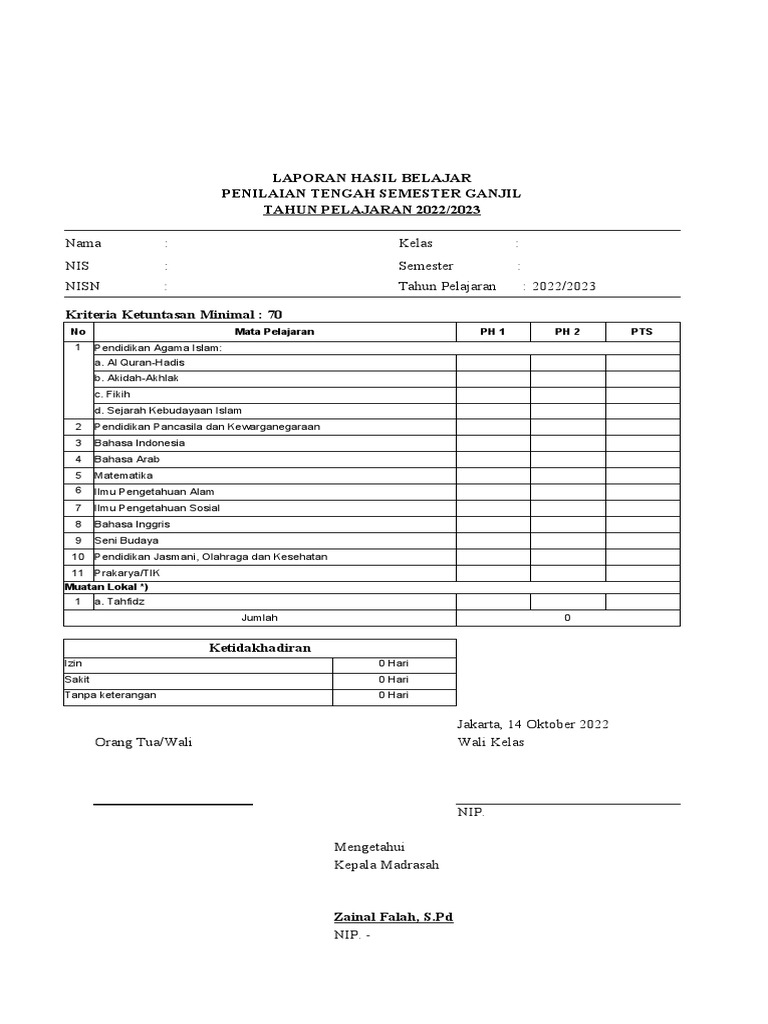 Rapor Dan Leger PTS Ganjil 7a | PDF
