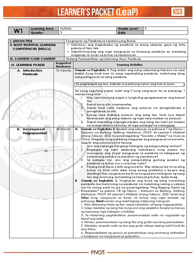 LeaP Filipino G9 Week 1 Q3 | PDF