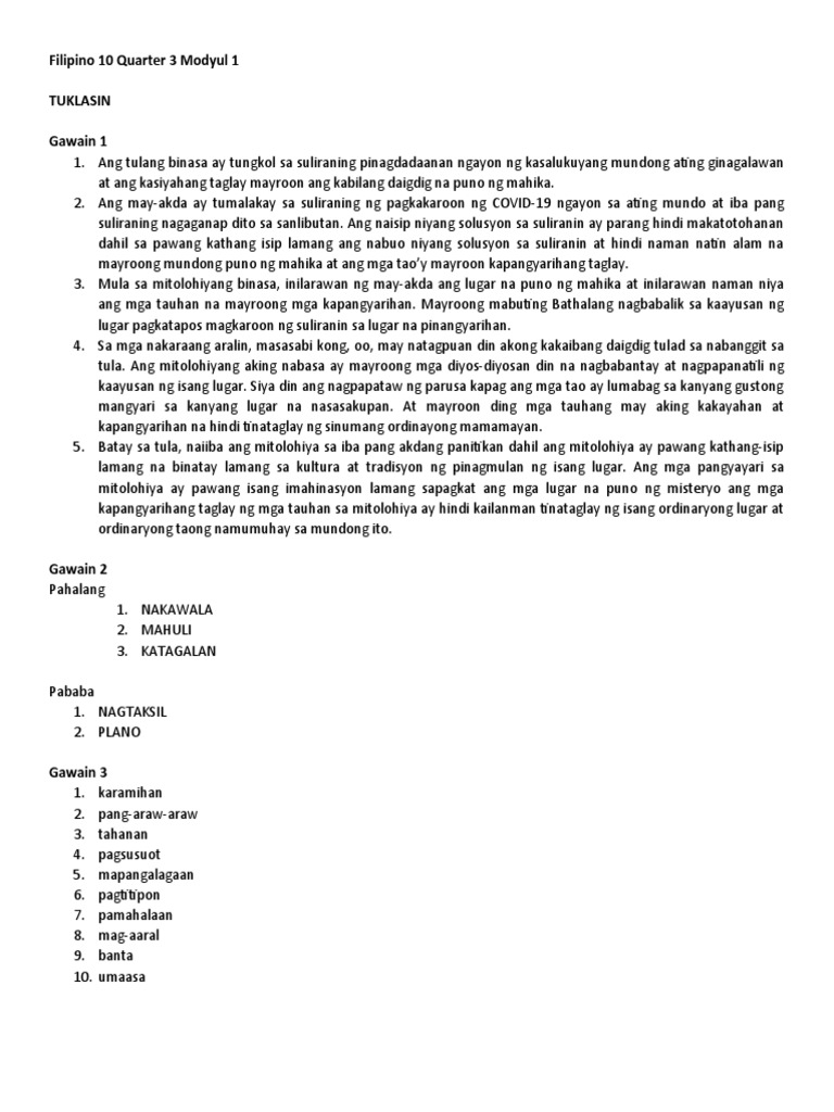 Filipino 10 Quarter 3 Modyul 1 | PDF