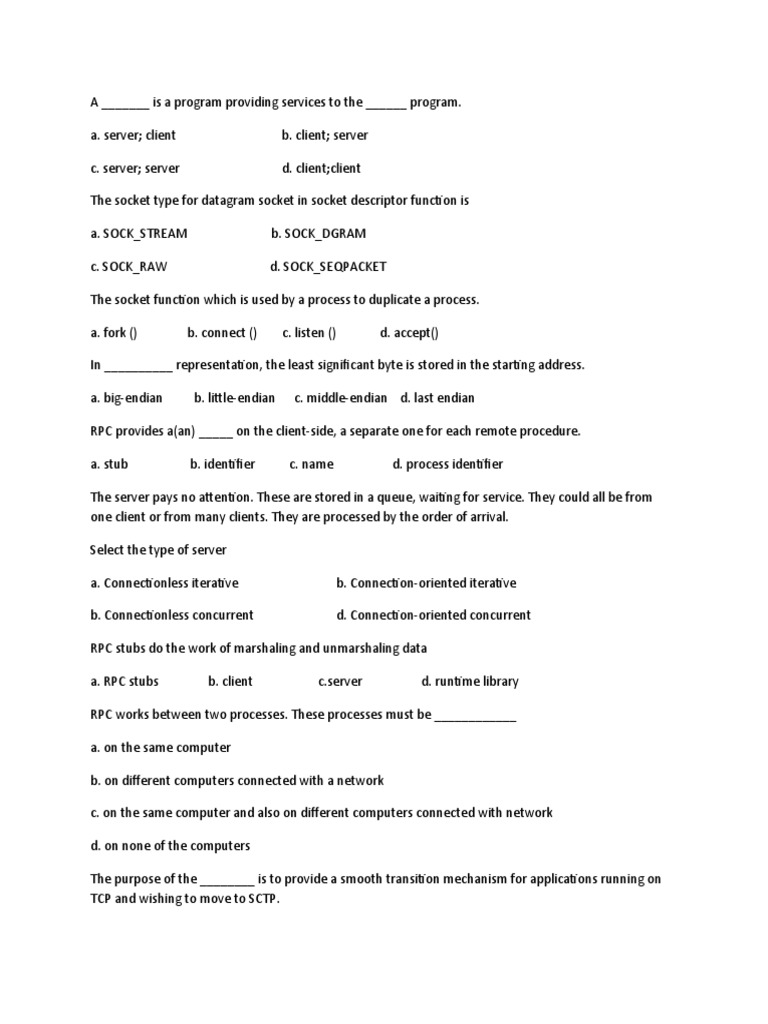 Socket Programming MCQs Covering Client-Server Models, RPC, Byte Ordering and More | PDF ...