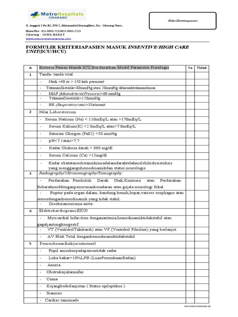 FORMULIR - KRITERIA - MASUK - ICU New | PDF