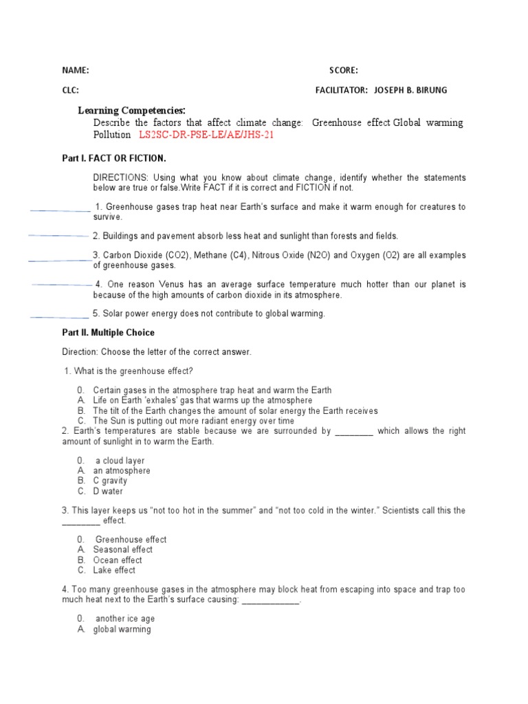 Worksheets Climate Change | PDF | Greenhouse Effect | Climate Change
