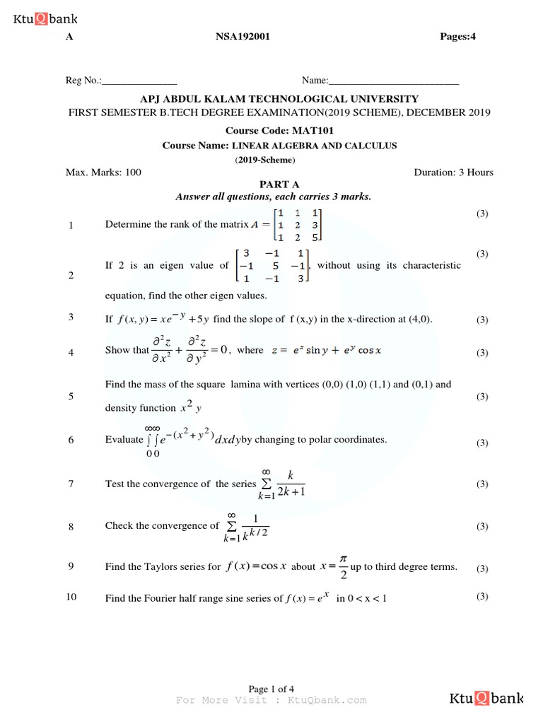 MAT101 Linear Algebra Exam Paper | PDF | Matrix (Mathematics) | Calculus