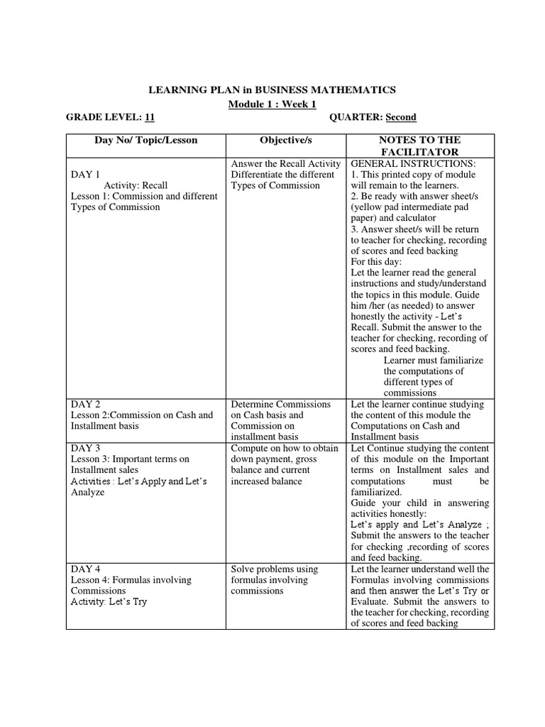 Business Mathematics - Q2 - Learning Plan For Learners and Facilitators - Module1 - Week1 | PDF ...