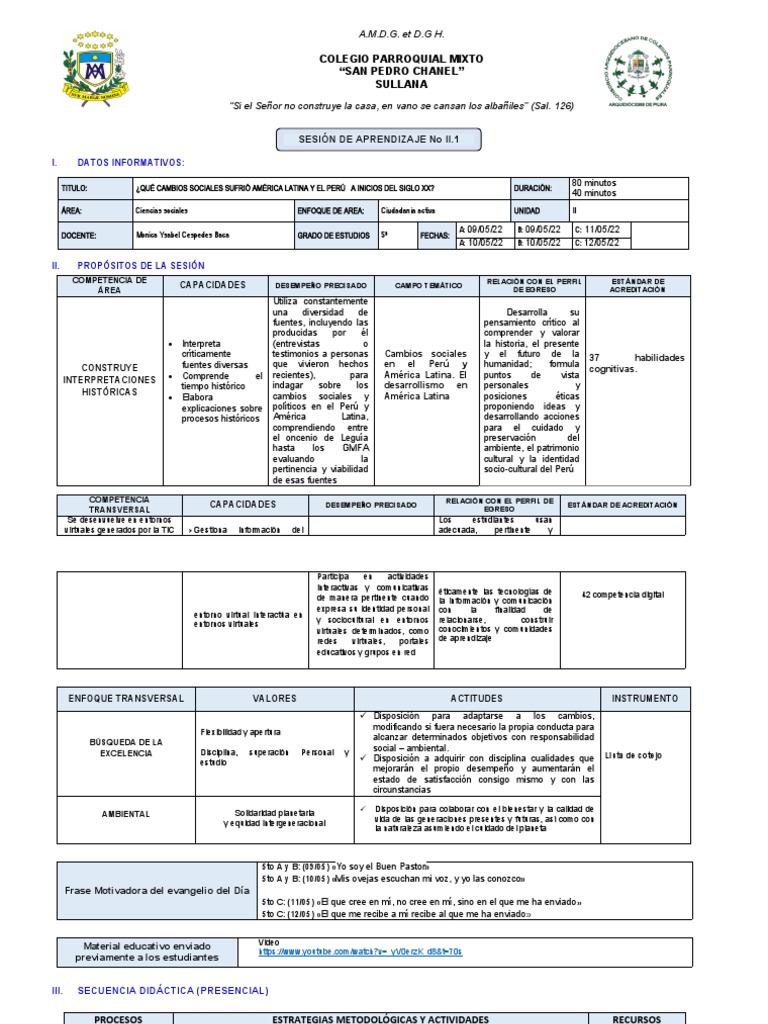 1 Sesión de Aprendizaje 5º CC - SS - Cambios Sociales en America Latina S.XX | PDF | Aprendizaje ...