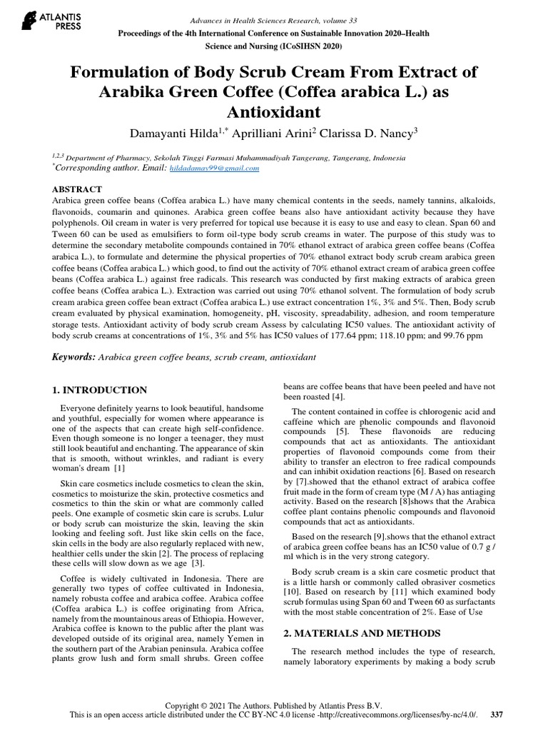 Formulation of Body Scrub Cream From Extract of Arabika Green Coffee ...