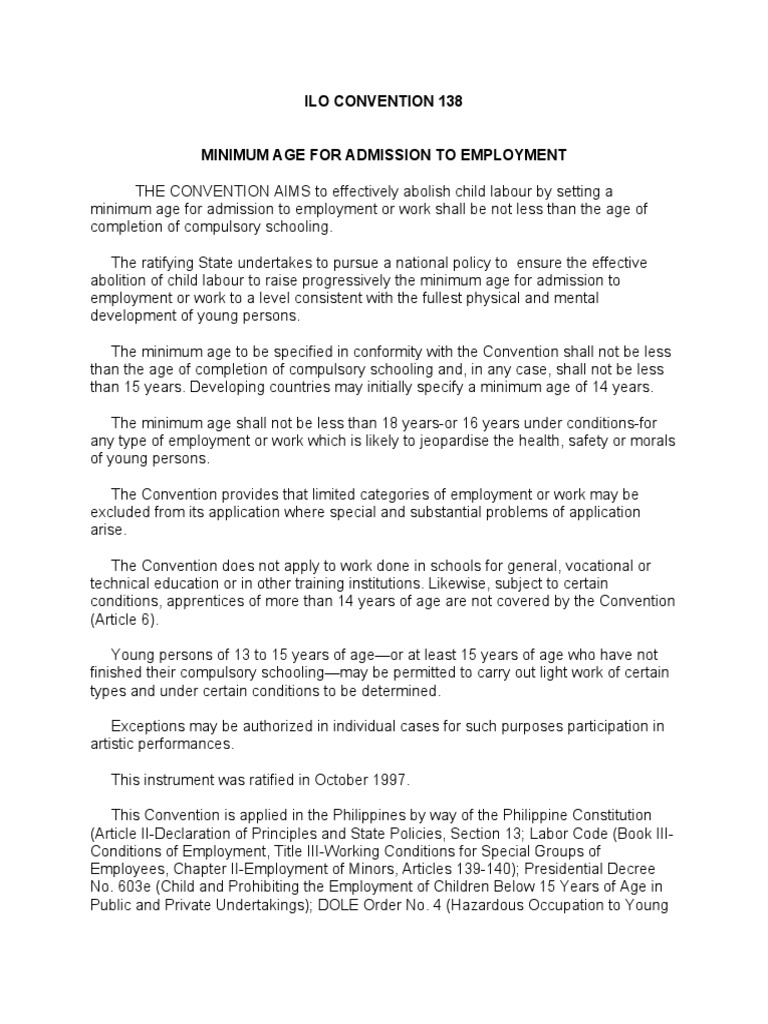 ILO Convention 138: Minimum Age for Work | PDF | International Labour ...