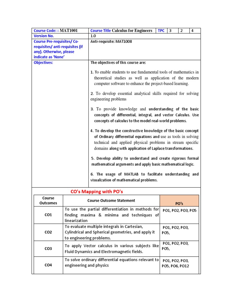 MAT1001 Calculus For Engineers - Syllabus-1 | PDF | Integral ...