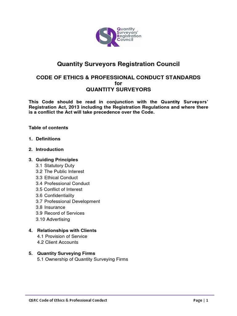 Code of Ethics and Professional Conduct Standards For Quantity ...