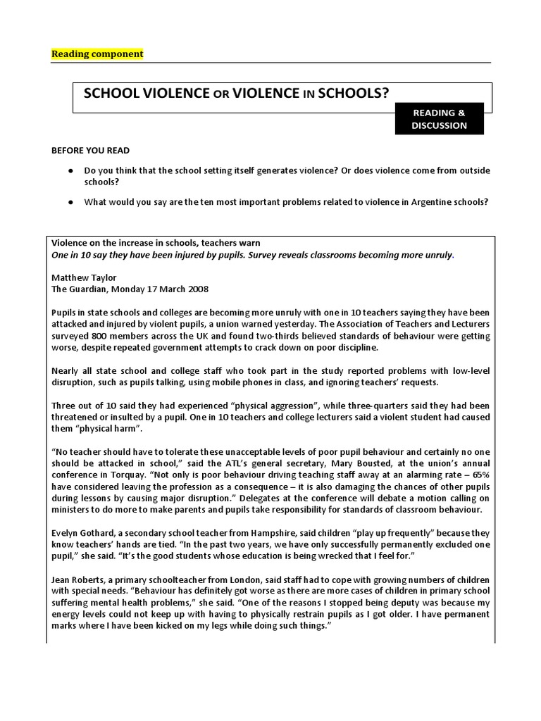 Violence at School - Reading | PDF | Schools | Teachers