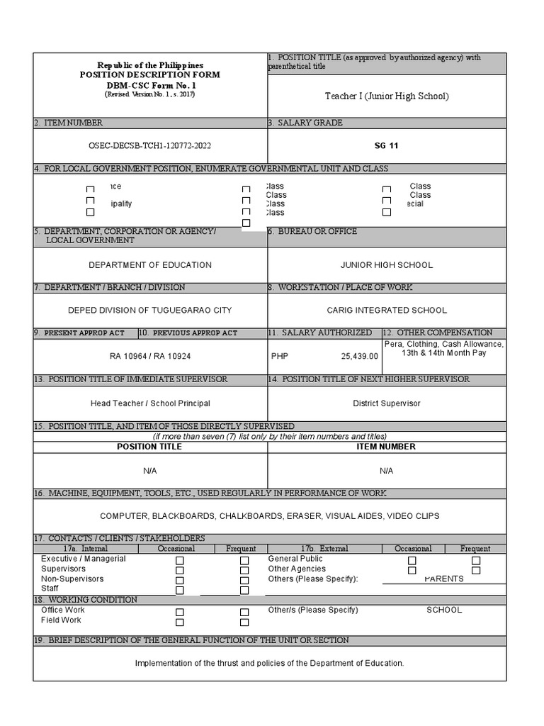 Position Description Form (PDF) - Teacher I - Junior HS (SPIMS and DOST ...