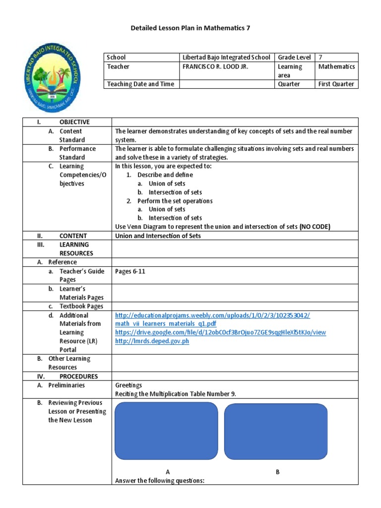 Lesson Plan: Union and Intersection of Sets | PDF | Lesson Plan | Learning