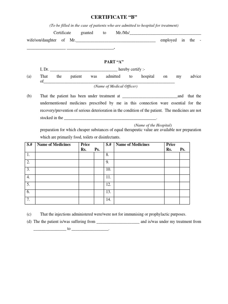 Medical Certificate Form B | PDF | Hospital | Patient