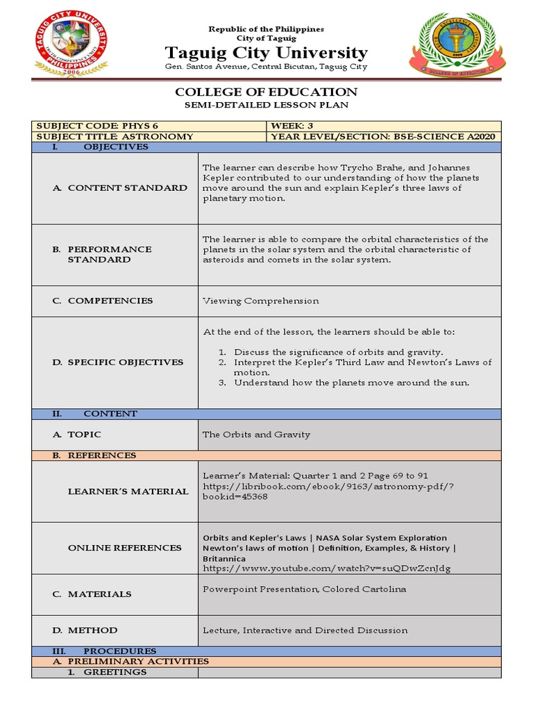 SEMI-DETAILED LESSON PLAN FORMAT Week 3 | PDF | Orbit | Mass