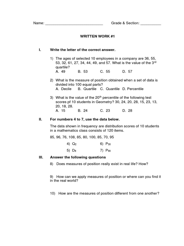 Grade 10 Math Measures of Position | PDF | Percentile | Quantile