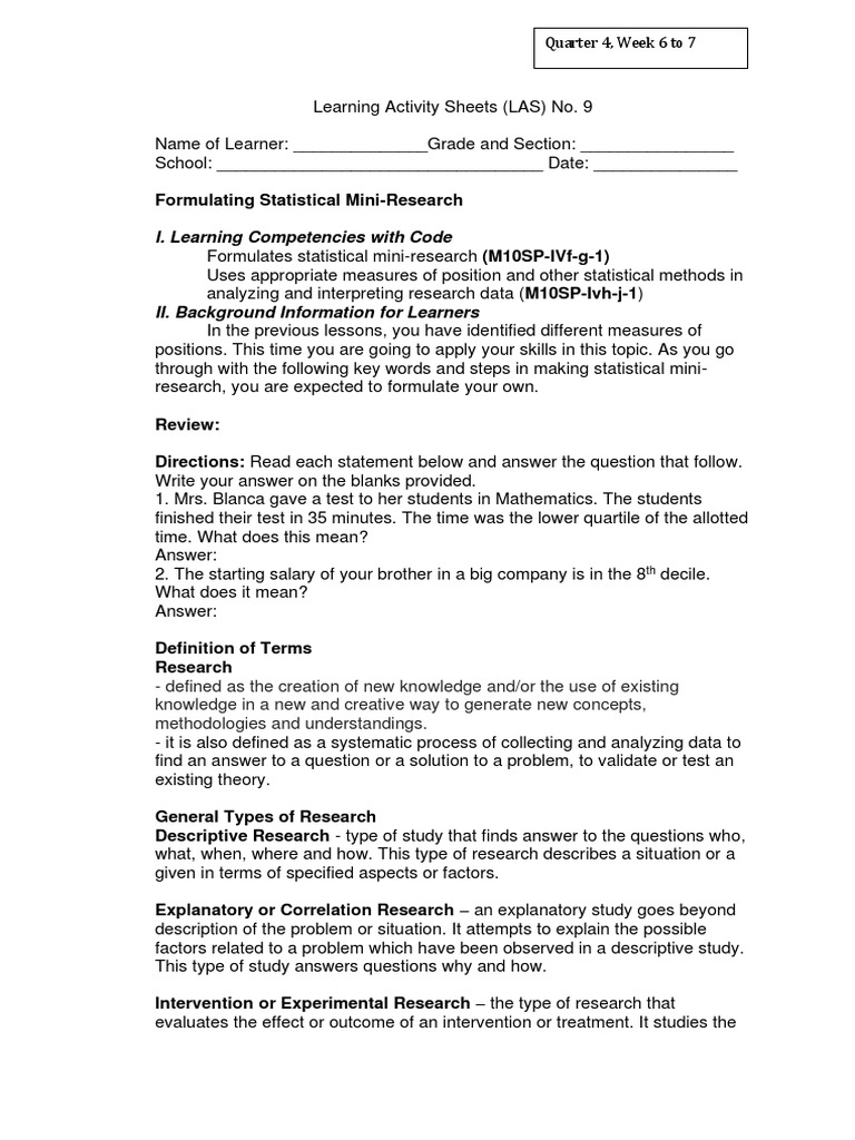 Grade 10 Las 9 - Melc 5 6 - 4TH Quarter | PDF | Statistics | Experiment