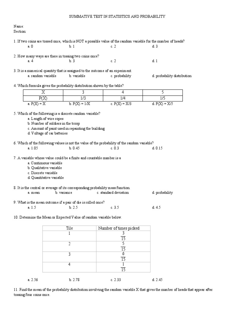 Stats and Prob - Summative Tes | PDF | Normal Distribution ...
