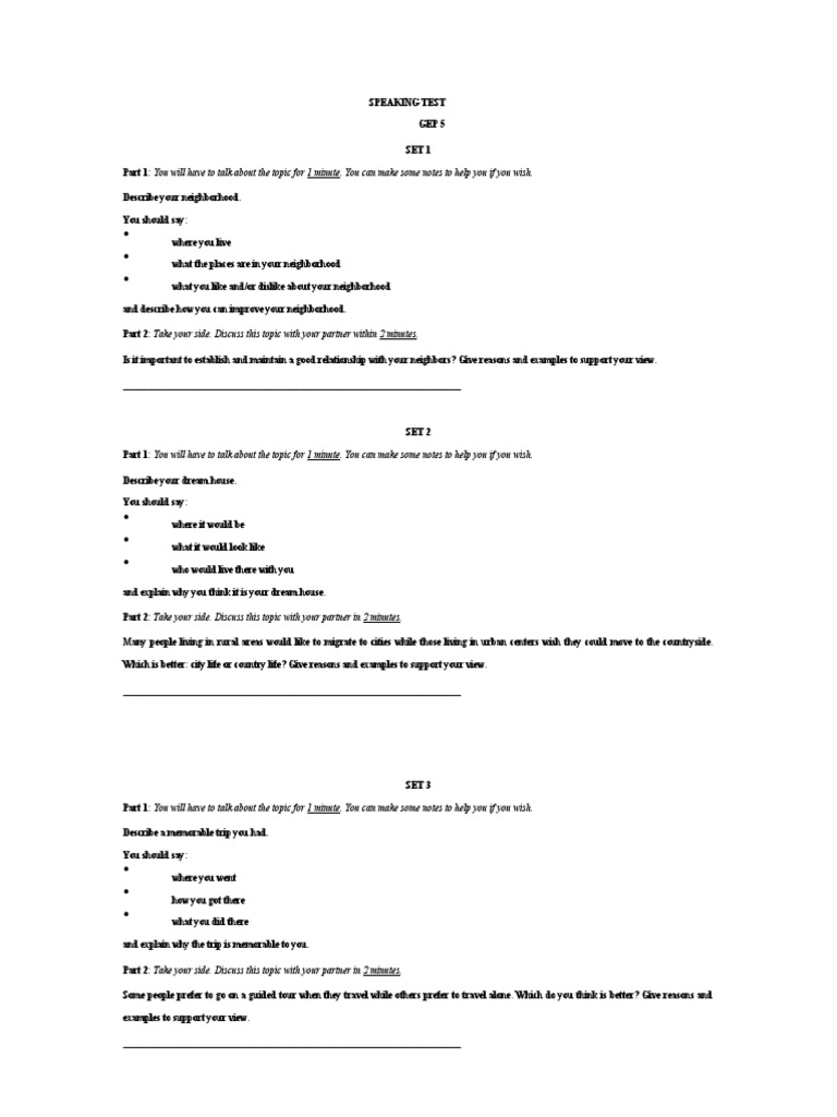 GEP 5 Speaking Test - Test Sets Updated | PDF | Cognition | Communication