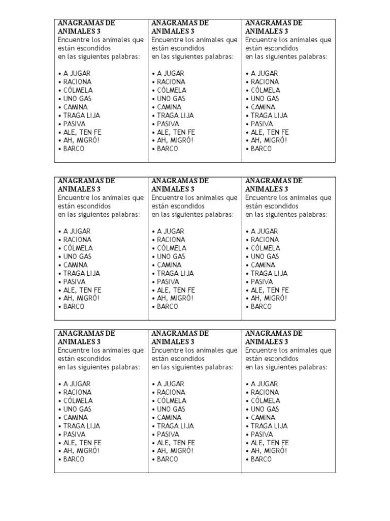 Anagramas de Animales | PDF