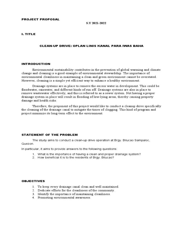 Project Proposal - Clean-Up Drive | PDF | Flood | Sustainability