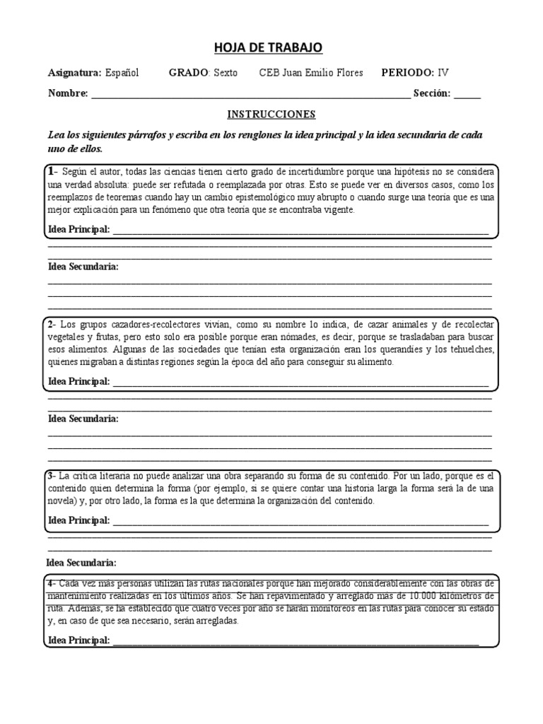 Hojas De Trabajo De La Idea Principal De Comprensión De Lectura