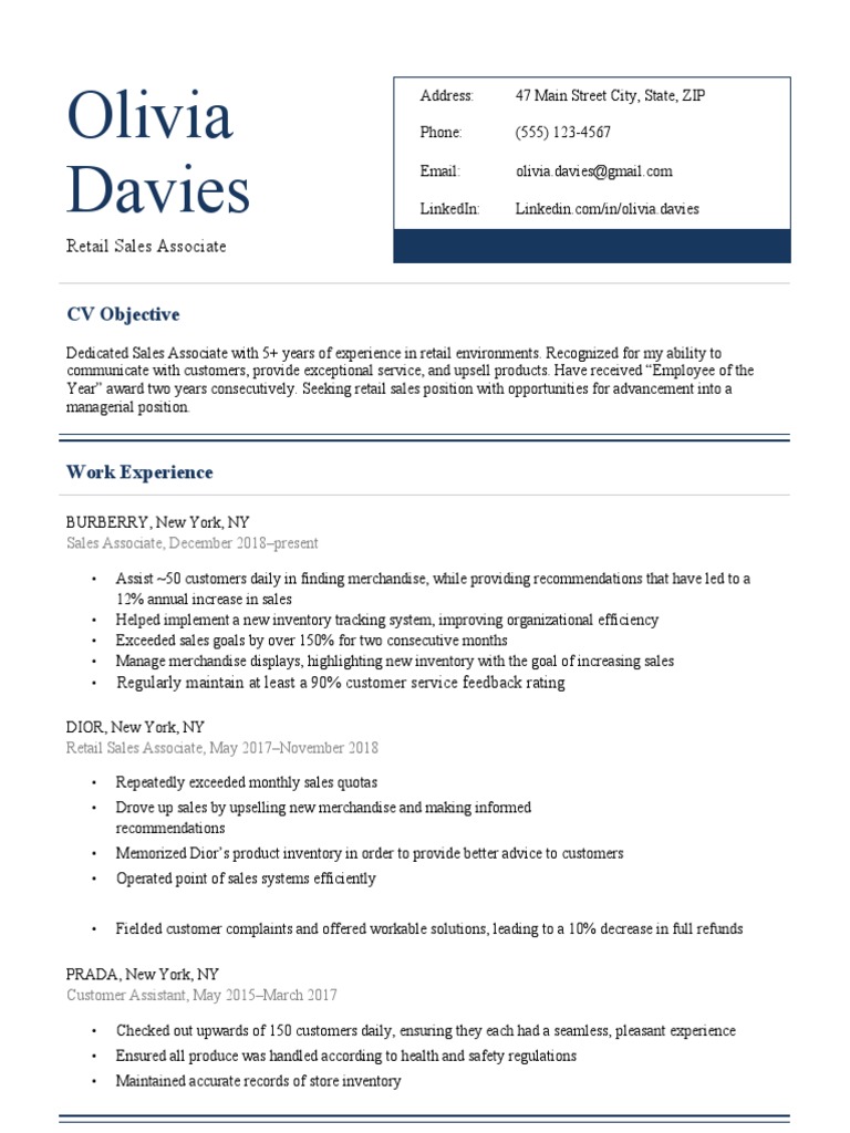 Dior Sales Associate CV Example | PDF