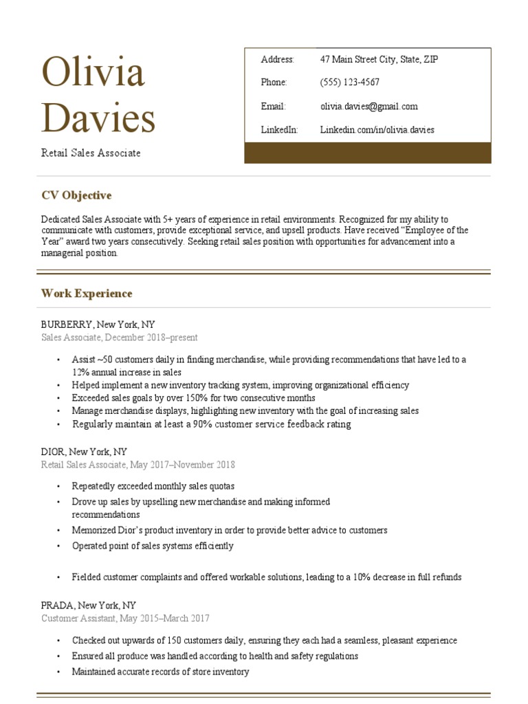 Olivia Davies' Retail Sales Professional CV Highlighting Over Five Years of Customer Service ...