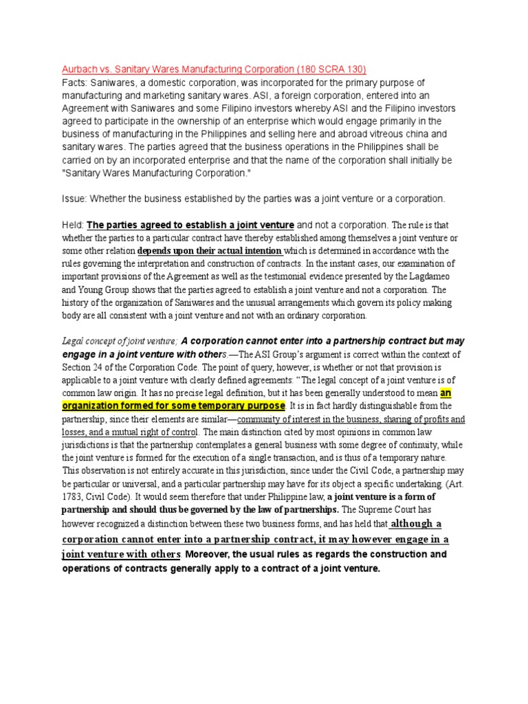 Aurbach vs. Sanitary Wares: Joint Venture | PDF | Partnership | Joint ...