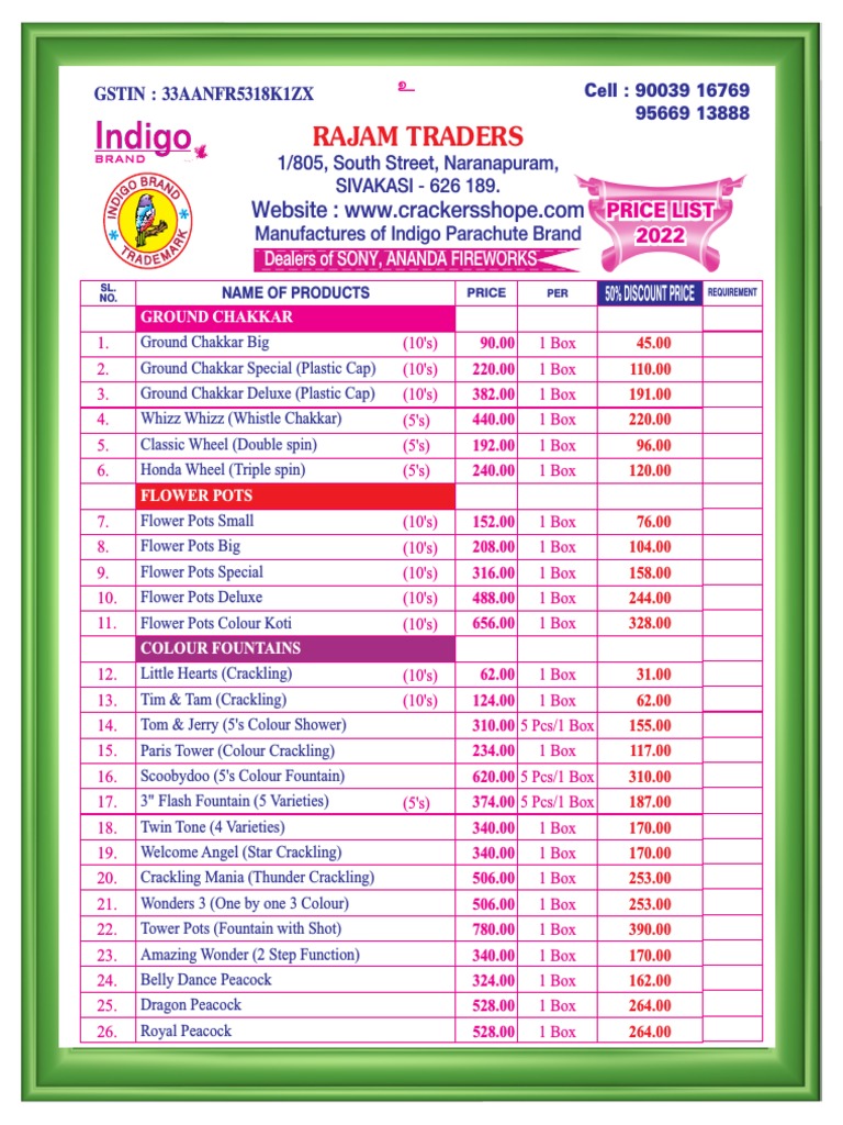 Rajam Traders fireworks price list 2022 | PDF