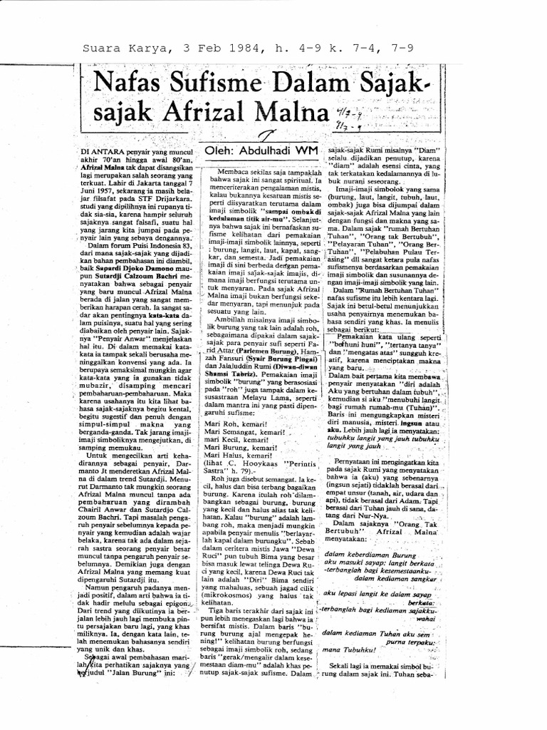 1984-02-03 - Abdulhadi - Sufisme Dalam Afrizal Malna | PDF