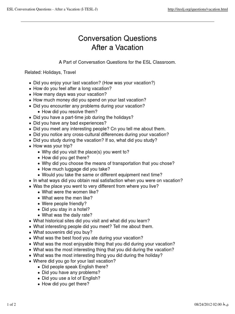 ESL Vacation Conversation Questions | PDF | Vacation