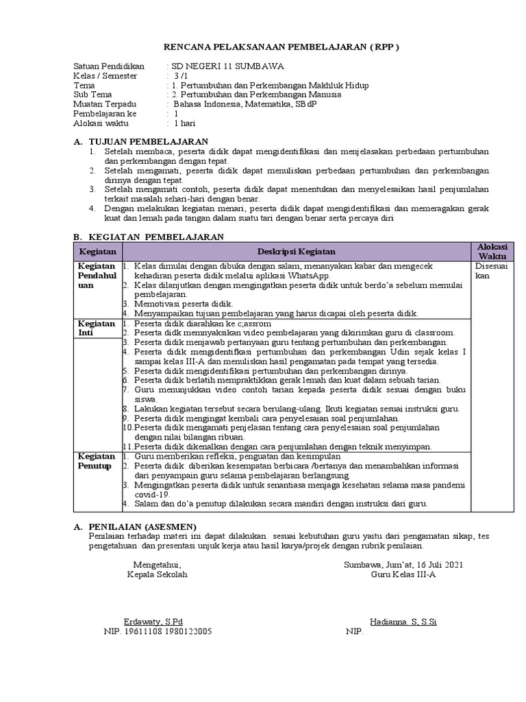 RPP Daring Kelas 3 Tema 1 ST 2 | PDF