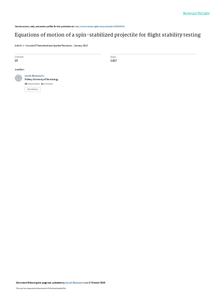 Equations of motion for testing flight stability of spin-stabilized ...