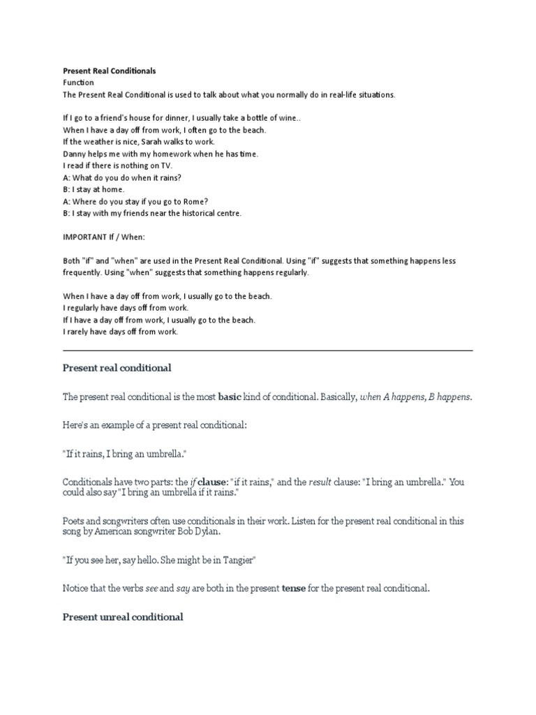Present Real Conditionals | PDF | Verb | Sentence (Linguistics)