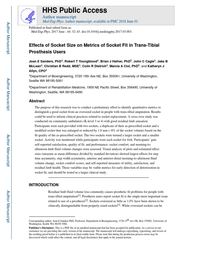 Effects of Socket Size On Metrics of Socket Fit in Trans-Tibial | PDF
