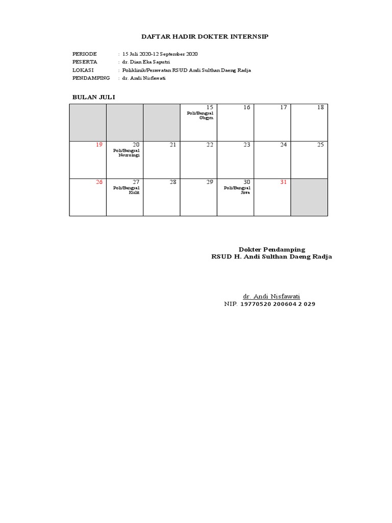 Jadwal Internsip dr. Dian Eka Saputri | PDF