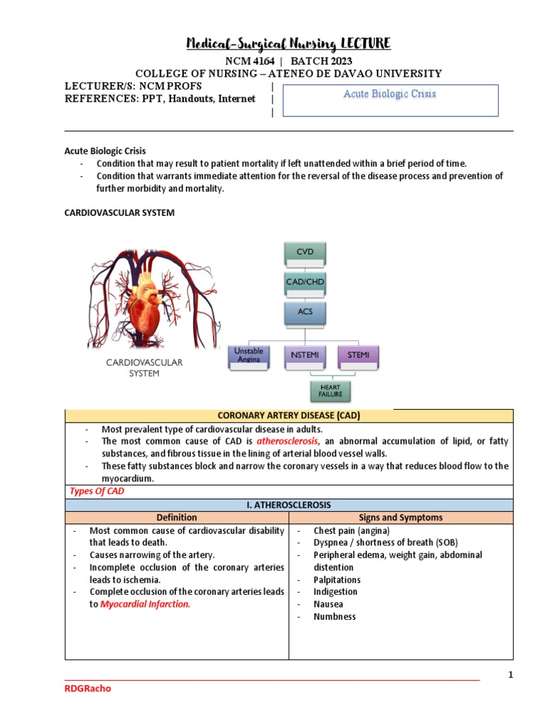 Med-Surg Lecture 4th Year 1st Sem (Incomplete) | PDF | Myocardial ...