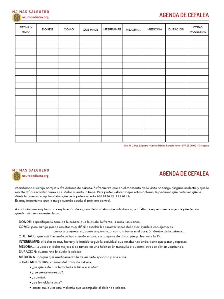 Agenda Cefalea | PDF | Dolor de cabeza | Medicina CLINICA