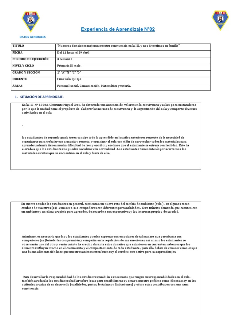 EXPERIENCIA DE APRENDIZAJE N°2 Actual | PDF | Las emociones | Aprendizaje