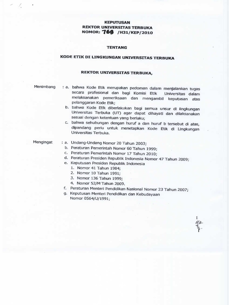 SK Rektor Tentang Kode Etik UT - 2010 | PDF